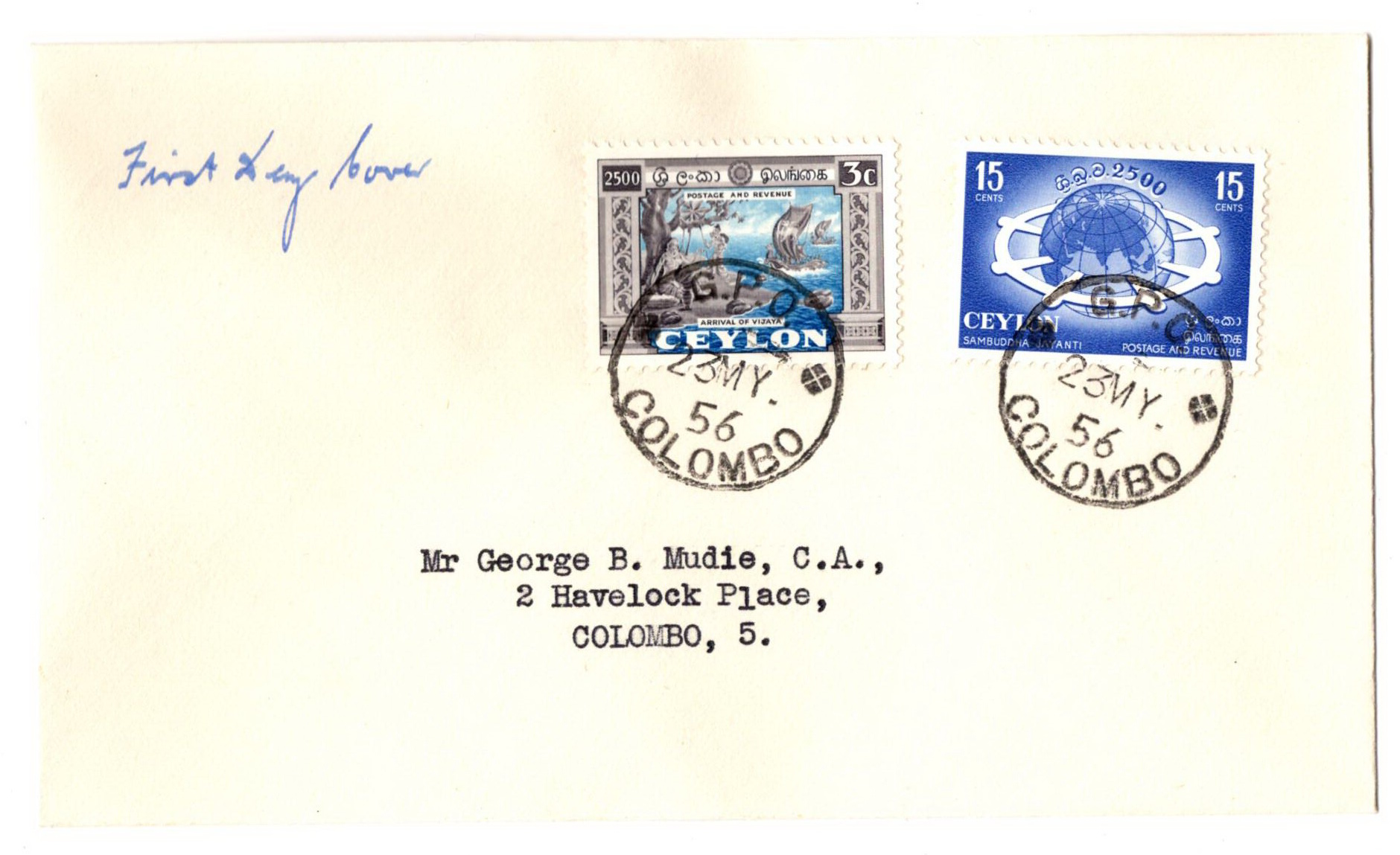 1956, SG 438, 441 Buddha Jayanthi First Day Cover, Colombo GPO Postmark